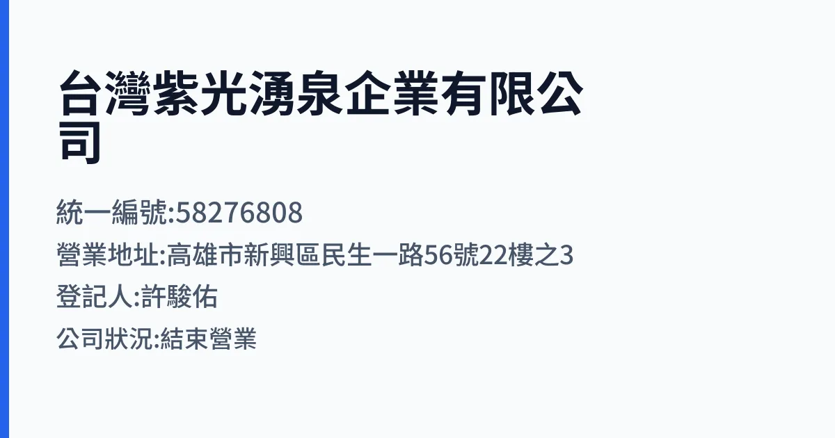 台灣紫光湧泉企業有限公司 - 統編 58276808(高雄市) 公司登記資料與營業項目詳細圖表