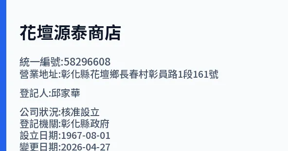 花壇源泰商店的照片-統編 58296608(彰化縣) 公司登記資料與營業項目詳細圖表