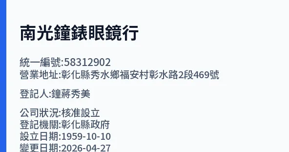 南光鐘錶眼鏡行的照片-統編 58312902(彰化縣) 公司登記資料與營業項目詳細圖表