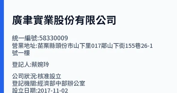 廣聿實業股份有限公司的照片-統編 58330009(苗栗縣) 公司登記資料與營業項目詳細圖表