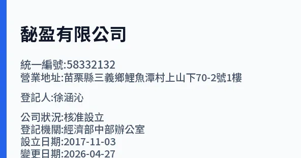 馝盈有限公司的照片-統編 58332132(苗栗縣) 公司登記資料與營業項目詳細圖表