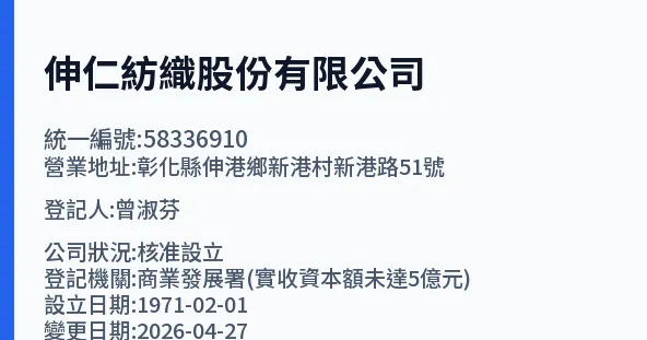 伸仁紡織股份有限公司的照片-統編 58336910(彰化縣) 公司登記資料與營業項目詳細圖表
