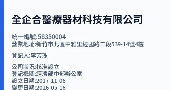全企合醫療器材科技有限公司的照片-統編 58350004(新竹市) 公司登記資料與營業項目詳細圖表