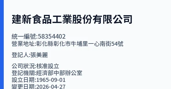 建新食品工業股份有限公司的照片-統編 58354402(彰化縣) 公司登記資料與營業項目詳細圖表