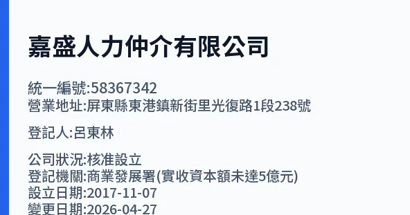 嘉盛人力仲介有限公司的照片-統編 58367342(屏東縣) 公司登記資料與營業項目詳細圖表