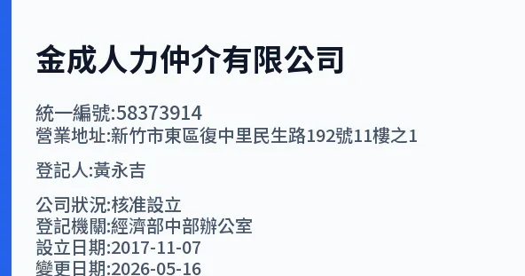 金成人力仲介有限公司的照片-統編 58373914(新竹市) 公司登記資料與營業項目詳細圖表