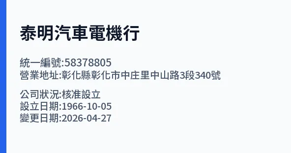 泰明汽車電機行的照片-統編 58378805(彰化縣) 公司登記資料與營業項目詳細圖表
