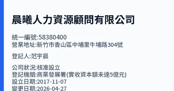 晨曦人力資源顧問有限公司的照片-統編 58380400(新竹市) 公司登記資料與營業項目詳細圖表