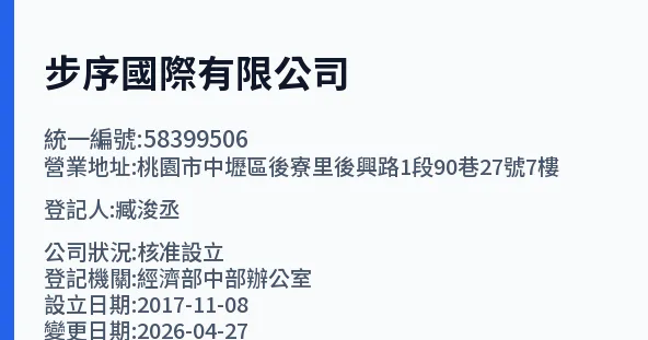 步序國際有限公司的照片-統編 58399506(桃園市) 公司登記資料與營業項目詳細圖表