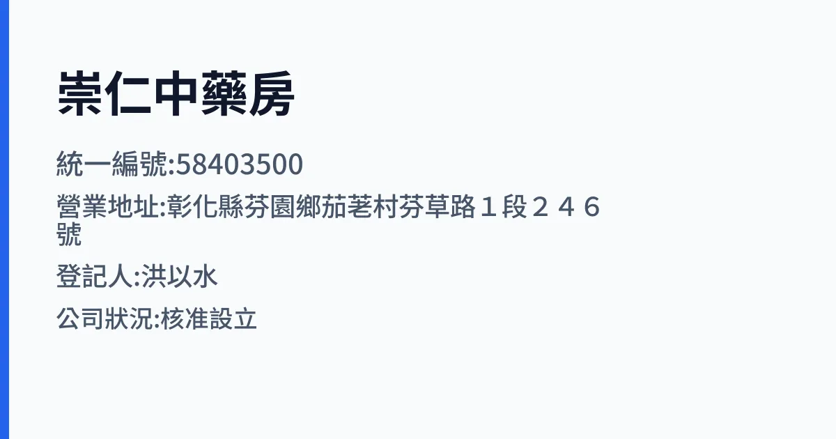 崇仁中藥房 - 統編 58403500(彰化縣) 公司登記資料與營業項目詳細圖表