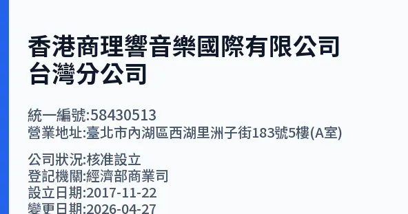 香港商理響音樂國際有限公司台灣分公司的照片-統編 58430513(臺北市) 公司登記資料與營業項目詳細圖表