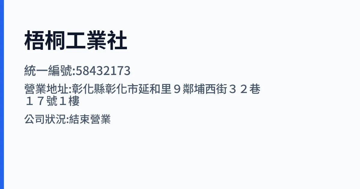 梧桐工業社 - 統編 58432173(彰化縣) 公司登記資料與營業項目詳細圖表