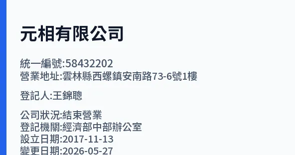 元相有限公司的照片-統編 58432202(雲林縣) 公司登記資料與營業項目詳細圖表