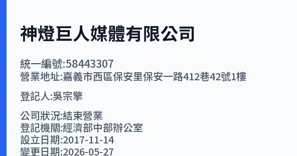神燈巨人媒體有限公司的照片-統編 58443307(嘉義市) 公司登記資料與營業項目詳細圖表