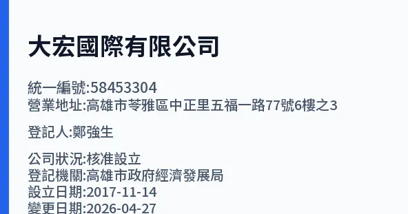 大宏國際有限公司的照片-統編 58453304(高雄市) 公司登記資料與營業項目詳細圖表