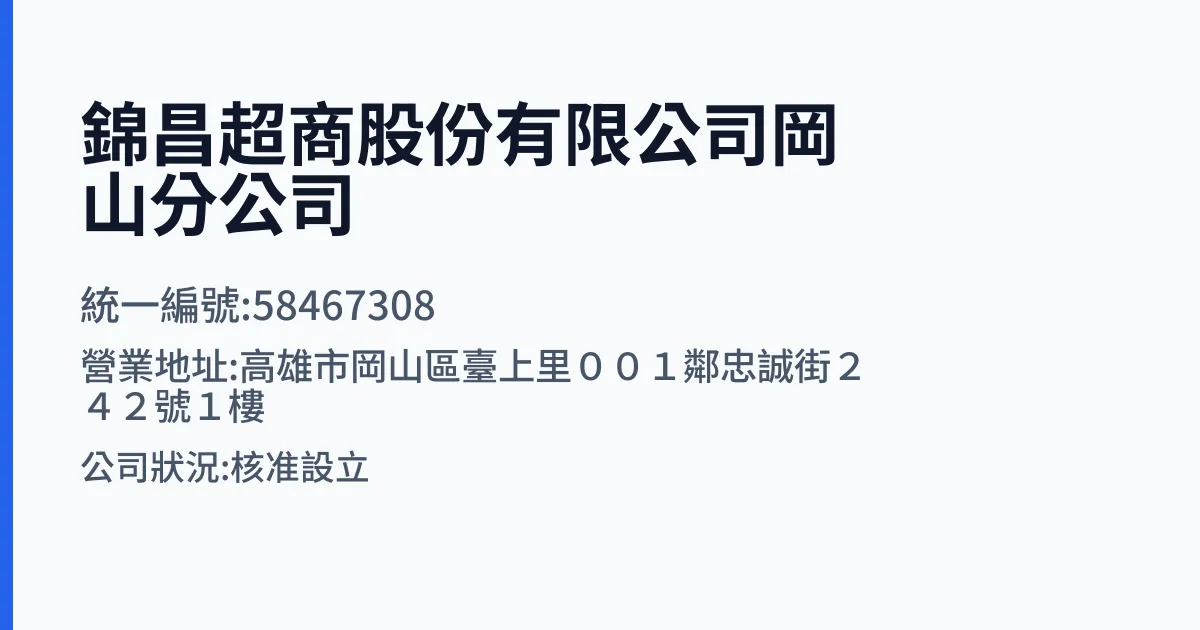 錦昌超商股份有限公司岡山分公司 - 統編 58467308(高雄市) 公司登記資料與營業項目詳細圖表