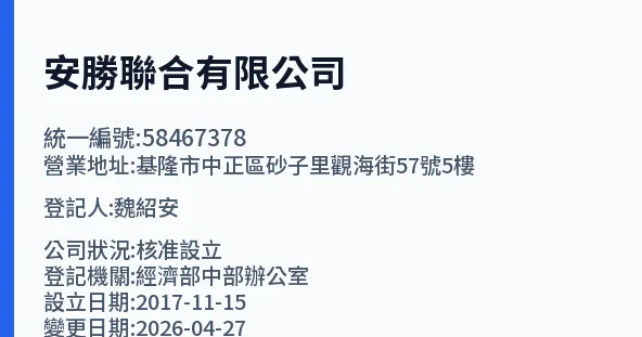 安勝聯合有限公司的照片-統編 58467378(基隆市) 公司登記資料與營業項目詳細圖表