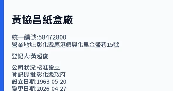 黃協昌紙盒廠的照片-統編 58472800(彰化縣) 公司登記資料與營業項目詳細圖表