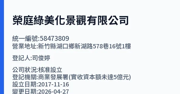 榮庭綠美化景觀有限公司的照片-統編 58473809(新竹縣) 公司登記資料與營業項目詳細圖表