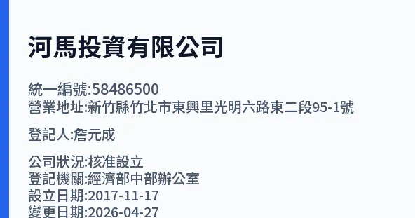 河馬投資有限公司的照片-統編 58486500(新竹縣) 公司登記資料與營業項目詳細圖表