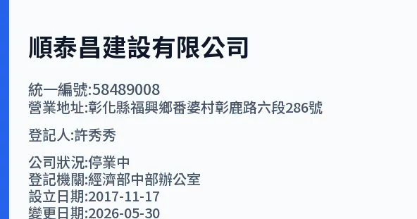 順泰昌建設有限公司的照片-統編 58489008(彰化縣) 公司登記資料與營業項目詳細圖表