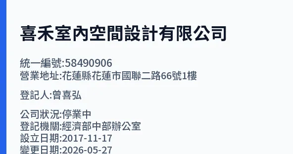 喜禾室內空間設計有限公司的照片-統編 58490906(花蓮縣) 公司登記資料與營業項目詳細圖表