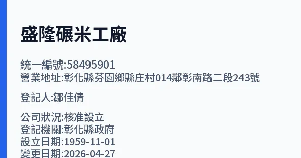 盛隆碾米工廠的照片-統編 58495901(彰化縣) 公司登記資料與營業項目詳細圖表