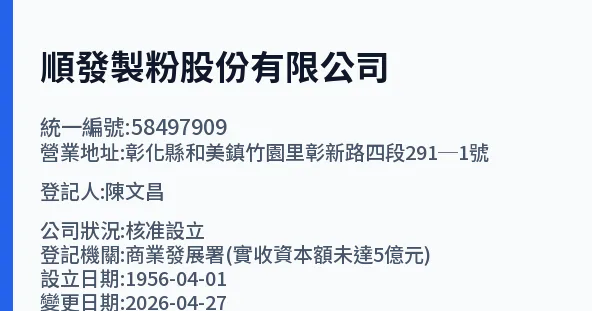順發製粉股份有限公司的照片-統編 58497909(彰化縣) 公司登記資料與營業項目詳細圖表