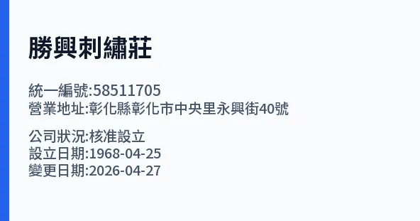 勝興刺繡莊的照片-統編 58511705(彰化縣) 公司登記資料與營業項目詳細圖表