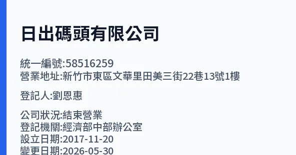 日出碼頭有限公司的照片-統編 58516259(新竹市) 公司登記資料與營業項目詳細圖表