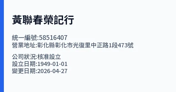 黃聯春榮記行的照片-統編 58516407(彰化縣) 公司登記資料與營業項目詳細圖表