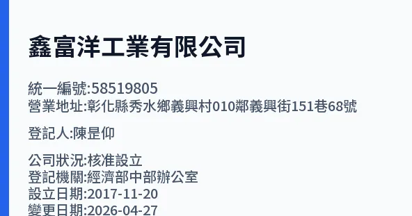 鑫富洋工業有限公司的照片-統編 58519805(彰化縣) 公司登記資料與營業項目詳細圖表