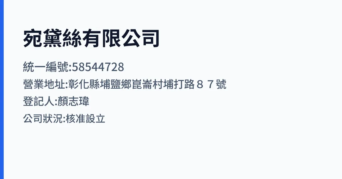 宛黛絲有限公司 - 統編 58544728(彰化縣) 公司登記資料與營業項目詳細圖表