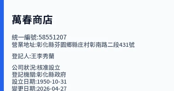 萬春商店的照片-統編 58551207(彰化縣) 公司登記資料與營業項目詳細圖表