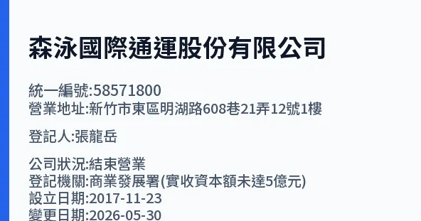 森泳國際通運股份有限公司的照片-統編 58571800(新竹市) 公司登記資料與營業項目詳細圖表