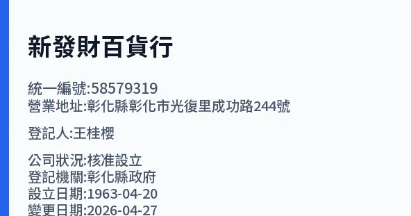新發財百貨行的照片-統編 58579319(彰化縣) 公司登記資料與營業項目詳細圖表