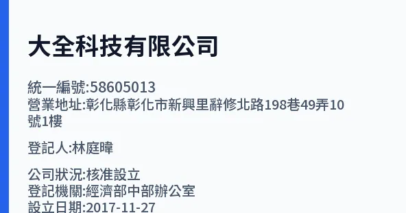 大全科技有限公司的照片-統編 58605013(彰化縣) 公司登記資料與營業項目詳細圖表