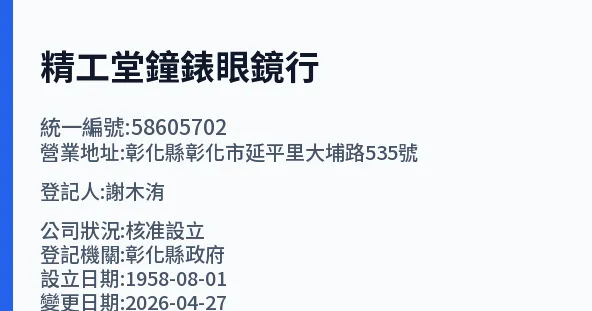 精工堂鐘錶眼鏡行的照片-統編 58605702(彰化縣) 公司登記資料與營業項目詳細圖表