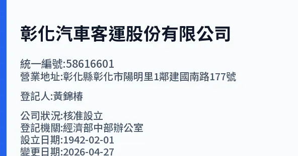 彰化汽車客運股份有限公司的照片-統編 58616601(彰化縣) 公司登記資料與營業項目詳細圖表