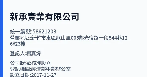 新承實業有限公司的照片-統編 58621203(新竹市) 公司登記資料與營業項目詳細圖表