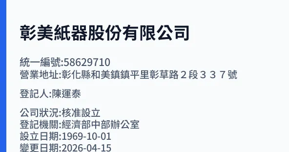 彰美紙器股份有限公司的照片-統編 58629710(彰化縣) 公司登記資料與營業項目詳細圖表