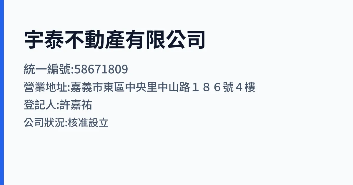 宇泰不動產有限公司 - 統編 58671809(嘉義市) 公司登記資料與營業項目詳細圖表
