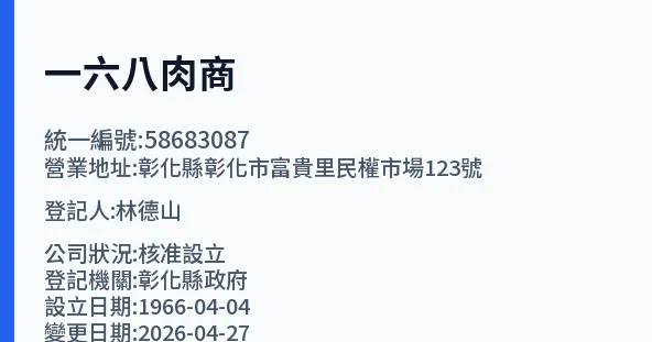一六八肉商的照片-統編 58683087(彰化縣) 公司登記資料與營業項目詳細圖表