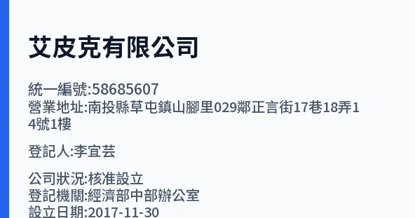 艾皮克有限公司的照片-統編 58685607(南投縣) 公司登記資料與營業項目詳細圖表