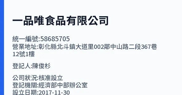 一品唯食品有限公司的照片-統編 58685705(彰化縣) 公司登記資料與營業項目詳細圖表