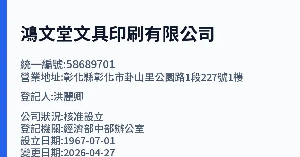 鴻文堂文具印刷有限公司的照片-統編 58689701(彰化縣) 公司登記資料與營業項目詳細圖表