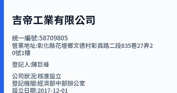 吉帝工業有限公司的照片-統編 58709805(彰化縣) 公司登記資料與營業項目詳細圖表