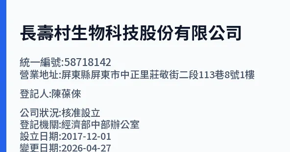長壽村生物科技股份有限公司的照片-統編 58718142(屏東縣) 公司登記資料與營業項目詳細圖表