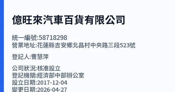 億旺來汽車百貨有限公司的照片-統編 58718298(花蓮縣) 公司登記資料與營業項目詳細圖表
