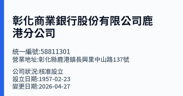 彰化商業銀行股份有限公司鹿港分公司的照片-統編 58811301(彰化縣) 公司登記資料與營業項目詳細圖表